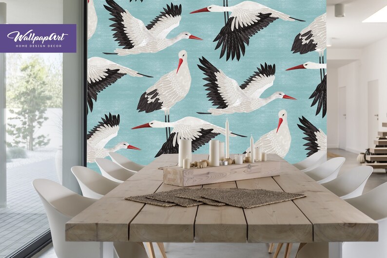 Storks Wall Mural – Vintage Bird Wallpaper – Removable Peel & Stick or ...