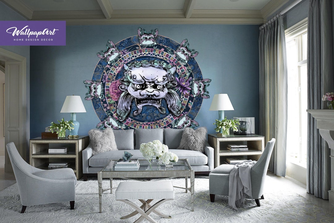 Foo Dog Wall Mural, Removable Wall Mural, Watercolor Wall Mural, Peel ...