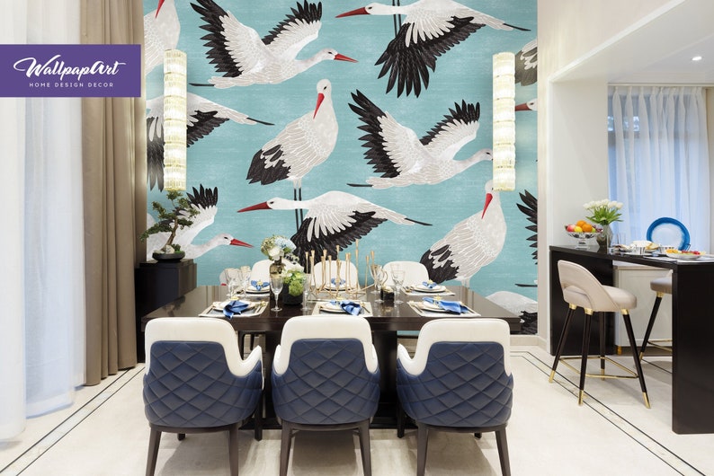 Storks Wall Mural – Vintage Bird Wallpaper – Removable Peel & Stick or ...