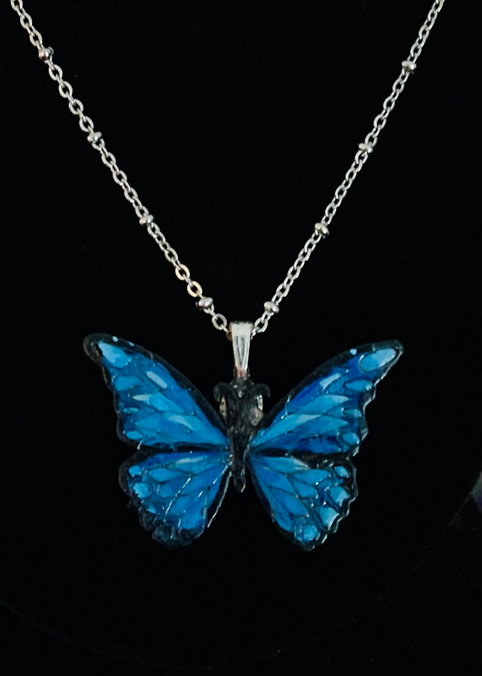 Hand Painted Wood Blue Butterfly Pendant Necklace on Stainless Steel ...