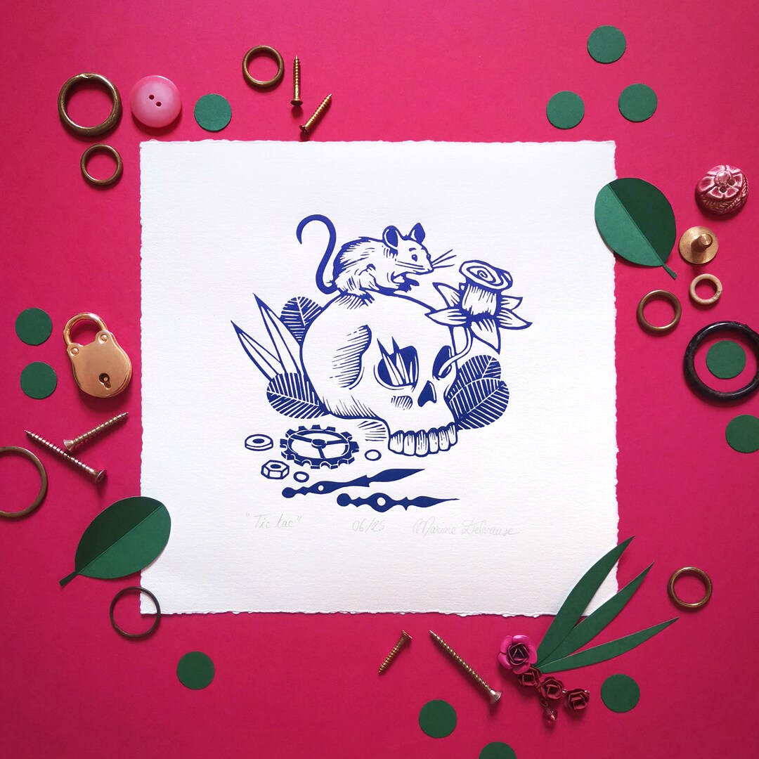 Linocut - "tic Tac" .. Poster . Illustration . Square . Skull . Mouse ...