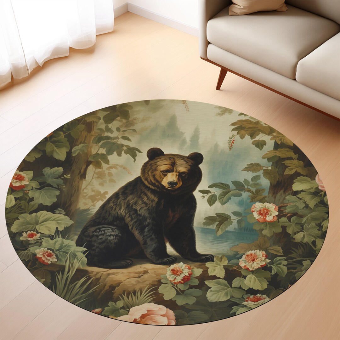 Bear Round Area Rug 60x60 Vintage Home Decor, Forest Woodland Animal ...