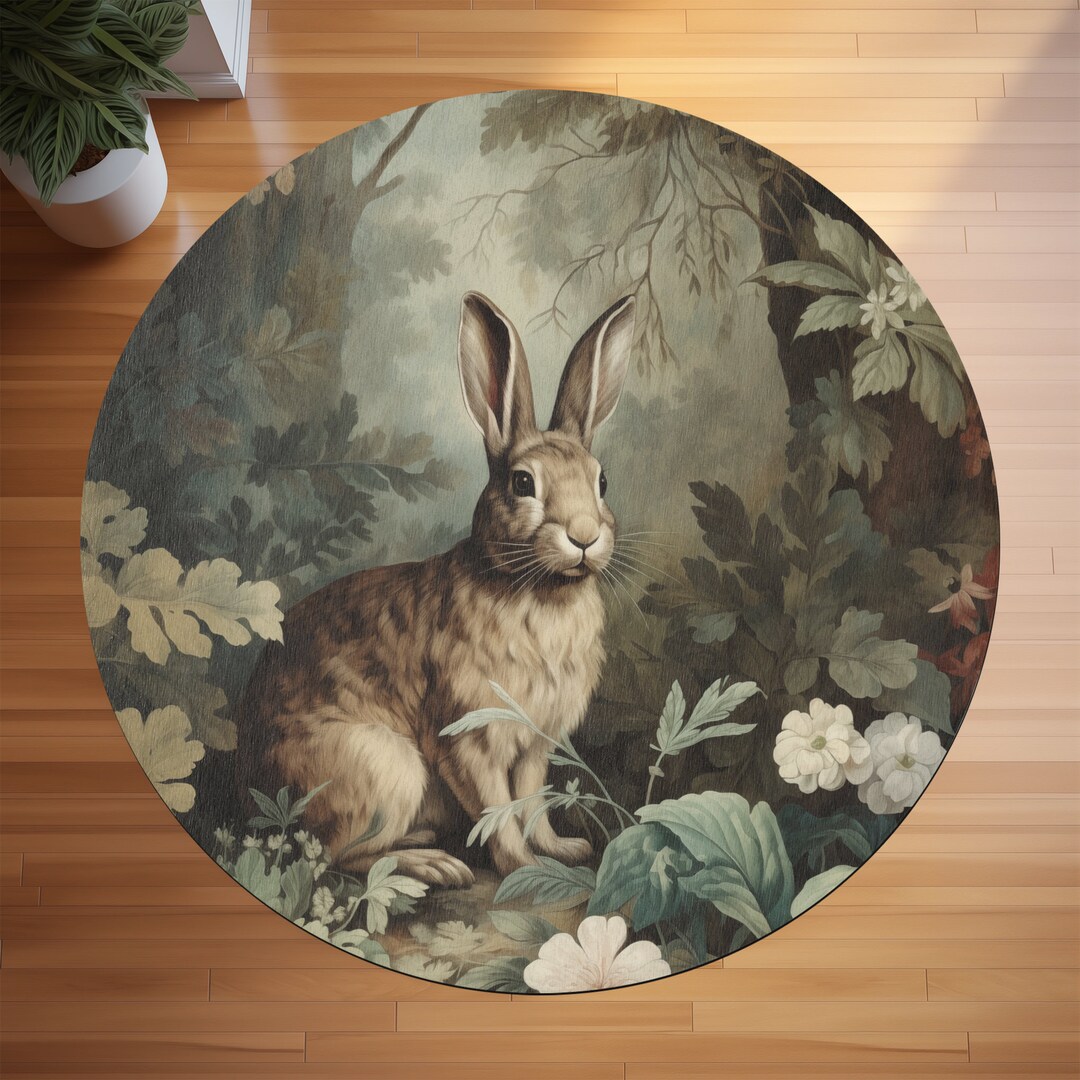 Elegant 19th Century Botanical Hare Forest Round Area Rug 60x60 Rabbit ...