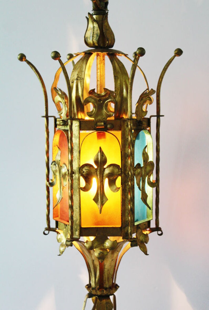 Pair Italian Tole Crown Table Lamps W/stain Glass Antique Vintage Gilt ...