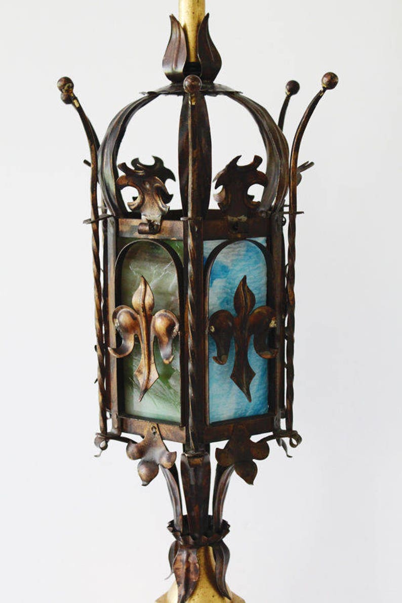 Antique Italian Tole Crown Table Lamp W/stained Glass Vintage Gilt ...