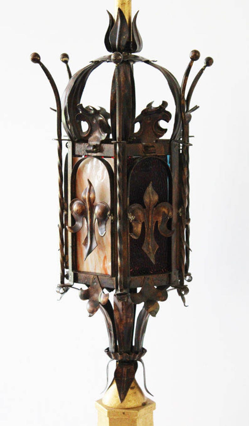 Antique Italian Tole Crown Table Lamp W/stained Glass Vintage Gilt ...