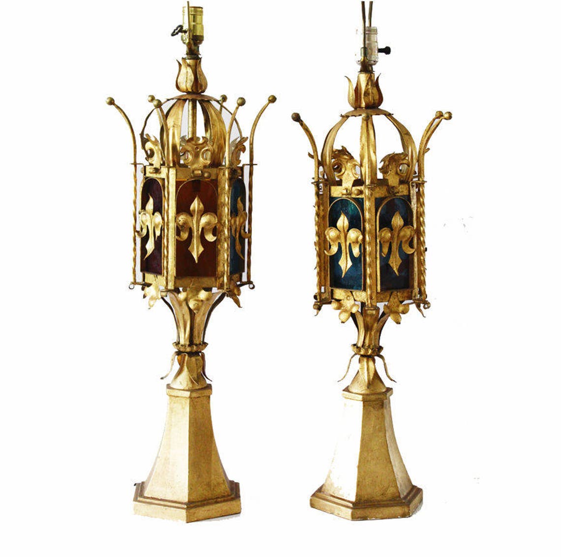 Pair Italian Tole Crown Table Lamps W/stain Glass Antique Vintage Gilt ...