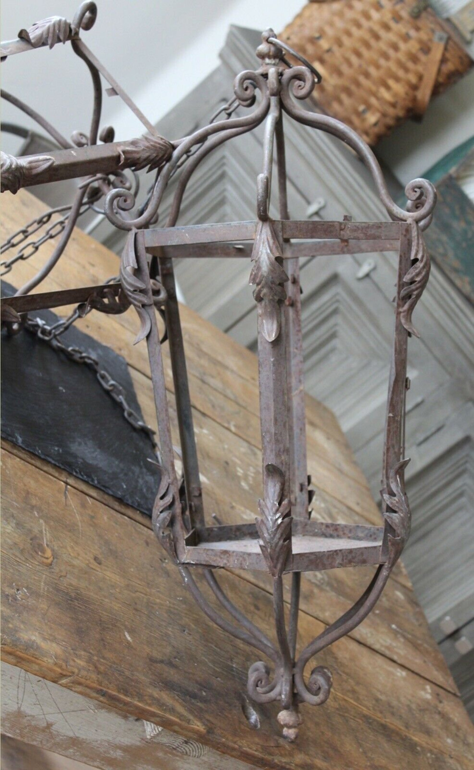 Pair Wrought Iron Hanging Lanterns 1800s French Gorgeous Patina ...