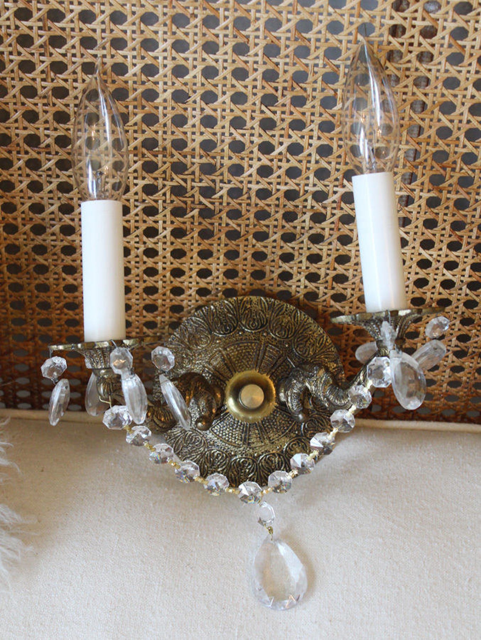 Antique Brass Pair Crystal Wall Sconces - Etsy