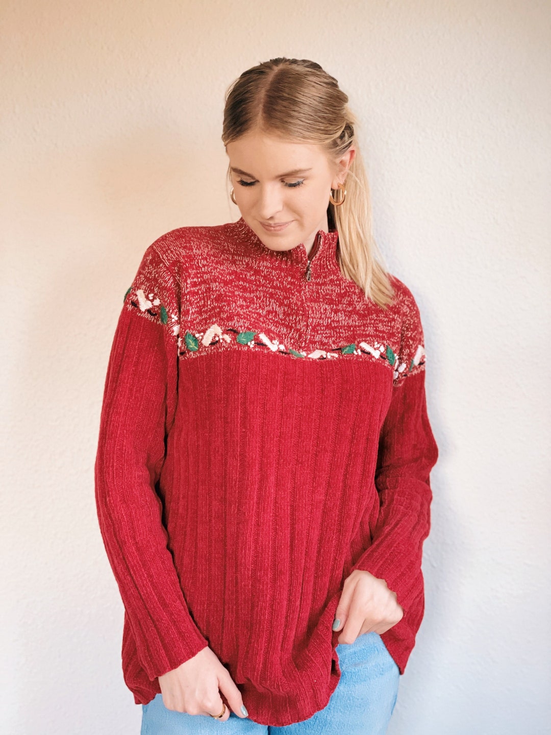 Vintage Holiday Christmas Sweater / Red Zip up Sweater - Etsy