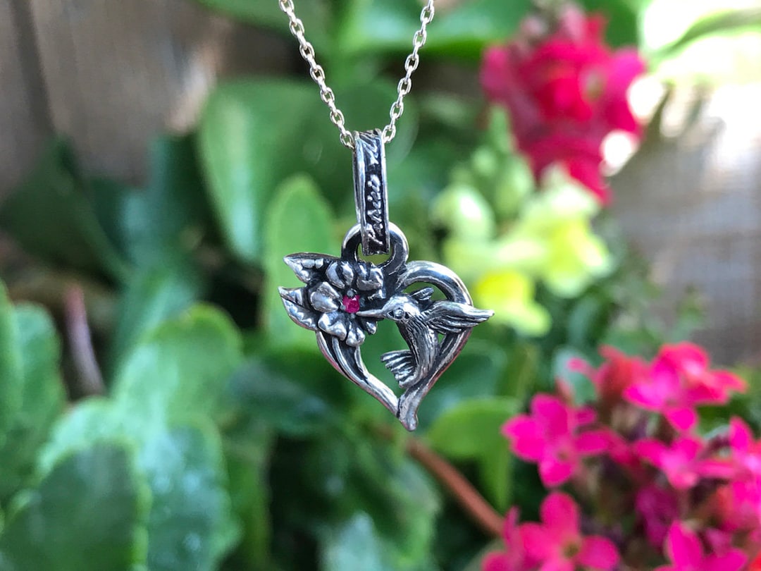 Hummingbird Flower Heart Pendant With Genuine 1.5 Mm Round Ruby and 0. ...