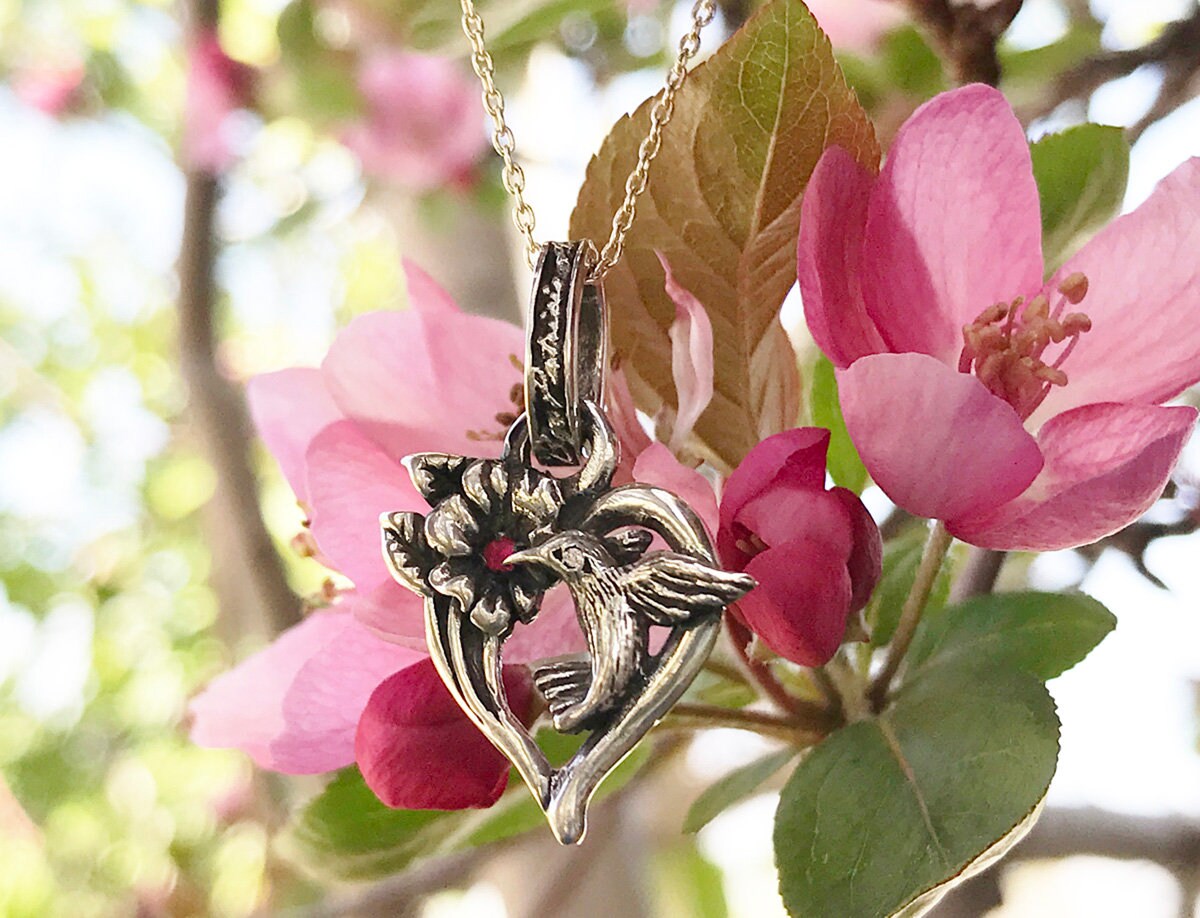 Hummingbird flower heart pendant with genuine ruby & diamond | Etsy