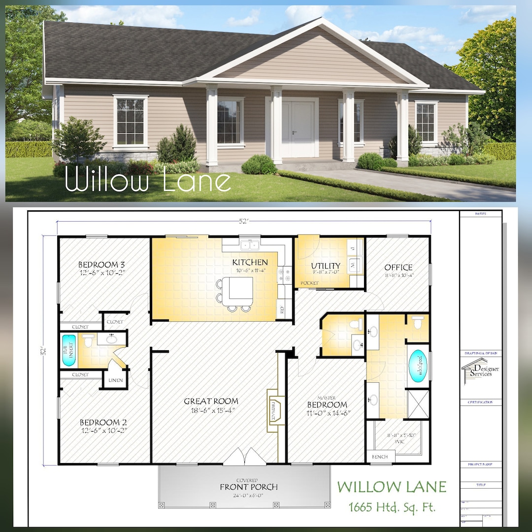 Willow Lane House Plan, 1664 Square Feet, Gable Roof Option - Etsy