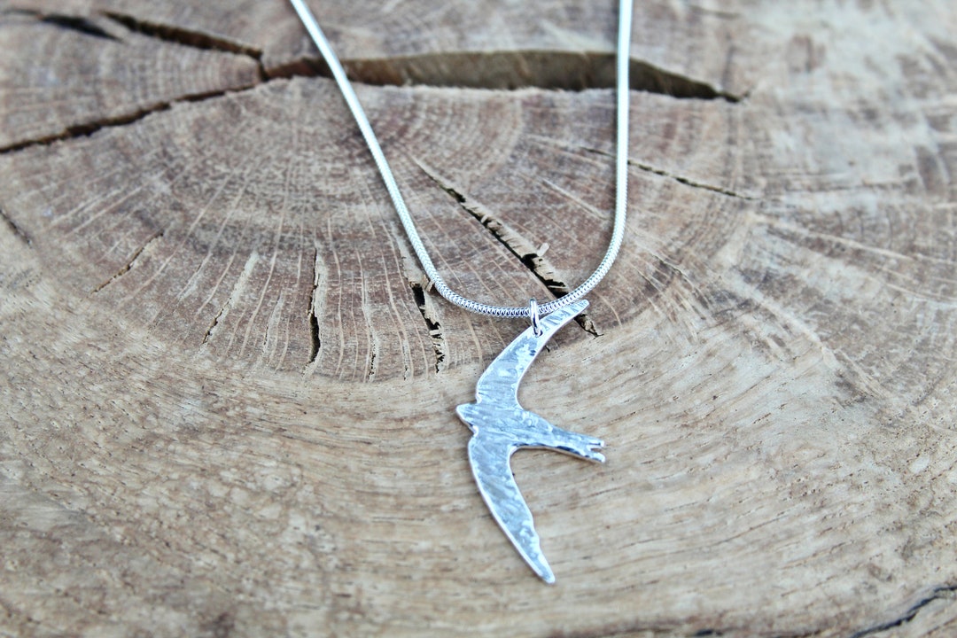 100% Silver Swift Pendant Necklace, Line Textured Silver Swift, Xmas ...