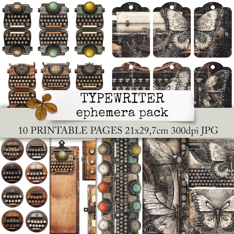 TYPEWRITER Ephemera Pack, Typewriter & Butterflies Fussy Cut Images ...