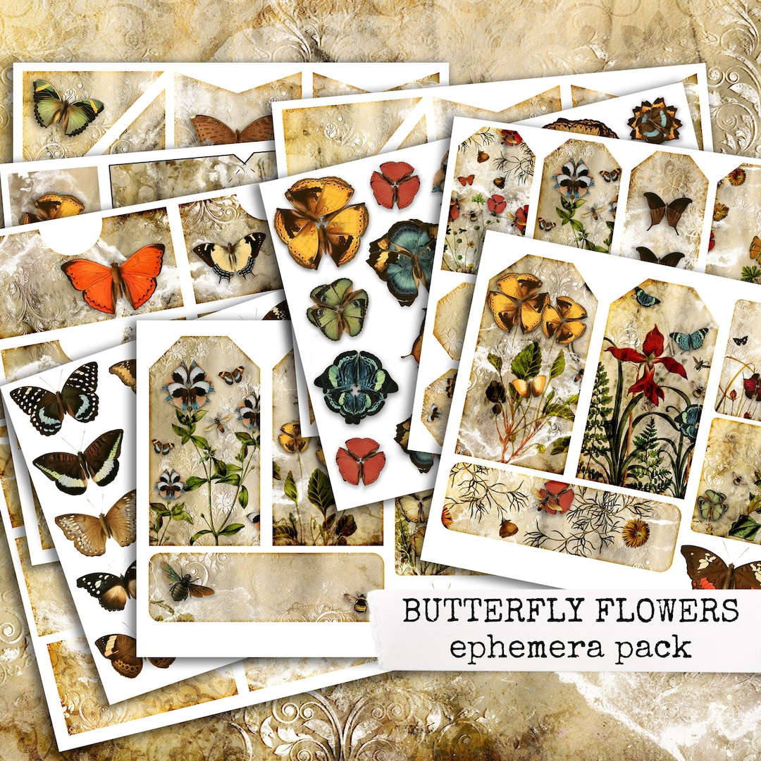 Junk Journal Ephemera Pack Butterfly Flowers, Digital Printable Sheets ...