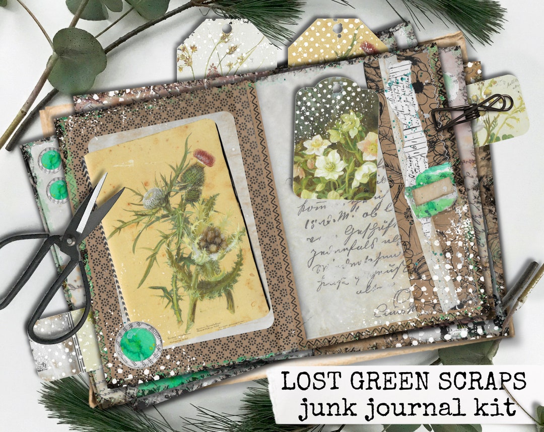 LOST GREEN SCRAPS digital printable, floral junk journal, floral ...