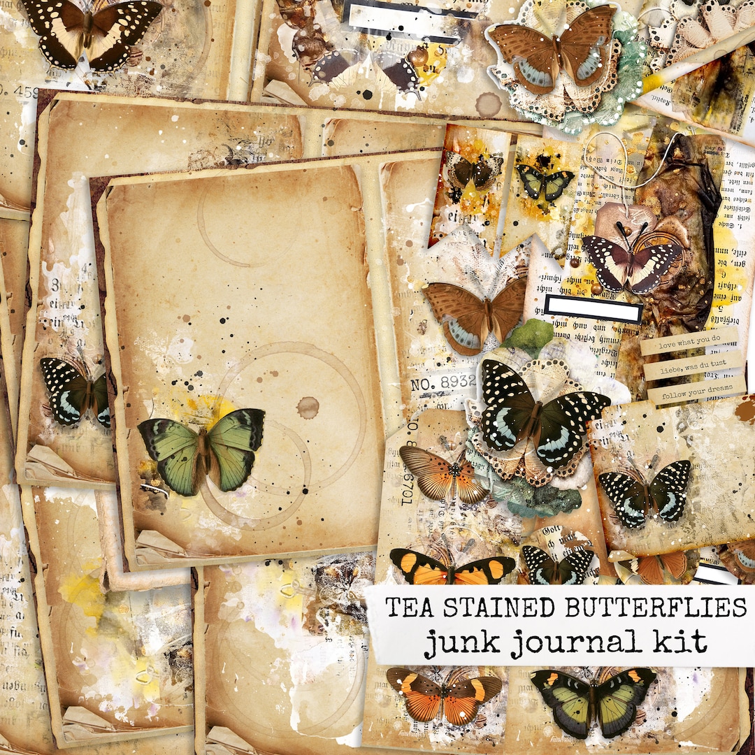 Tea Stained Butterflies Junk Journal Kit, Digital Paper for Handmade ...