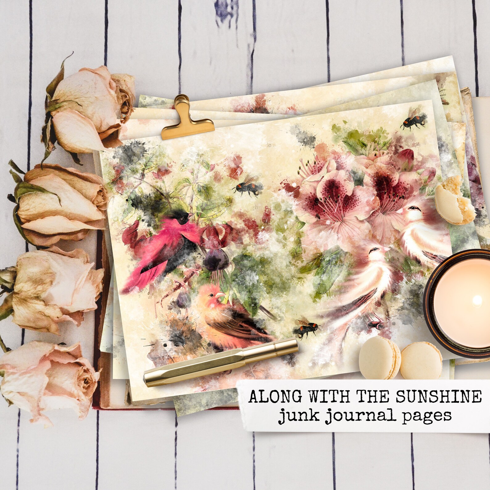 Rose Junk Journal Kit Vintage Watercolour Flower Bird Paper - Etsy