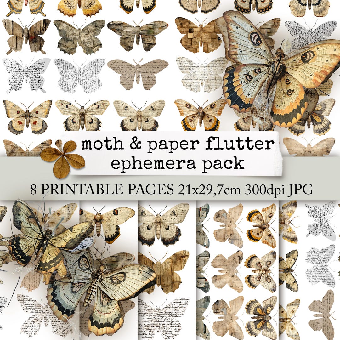 MOTH & PAPER FLUTTER Ephemera Pack, Layered Moths Fussy Cut Images for ...
