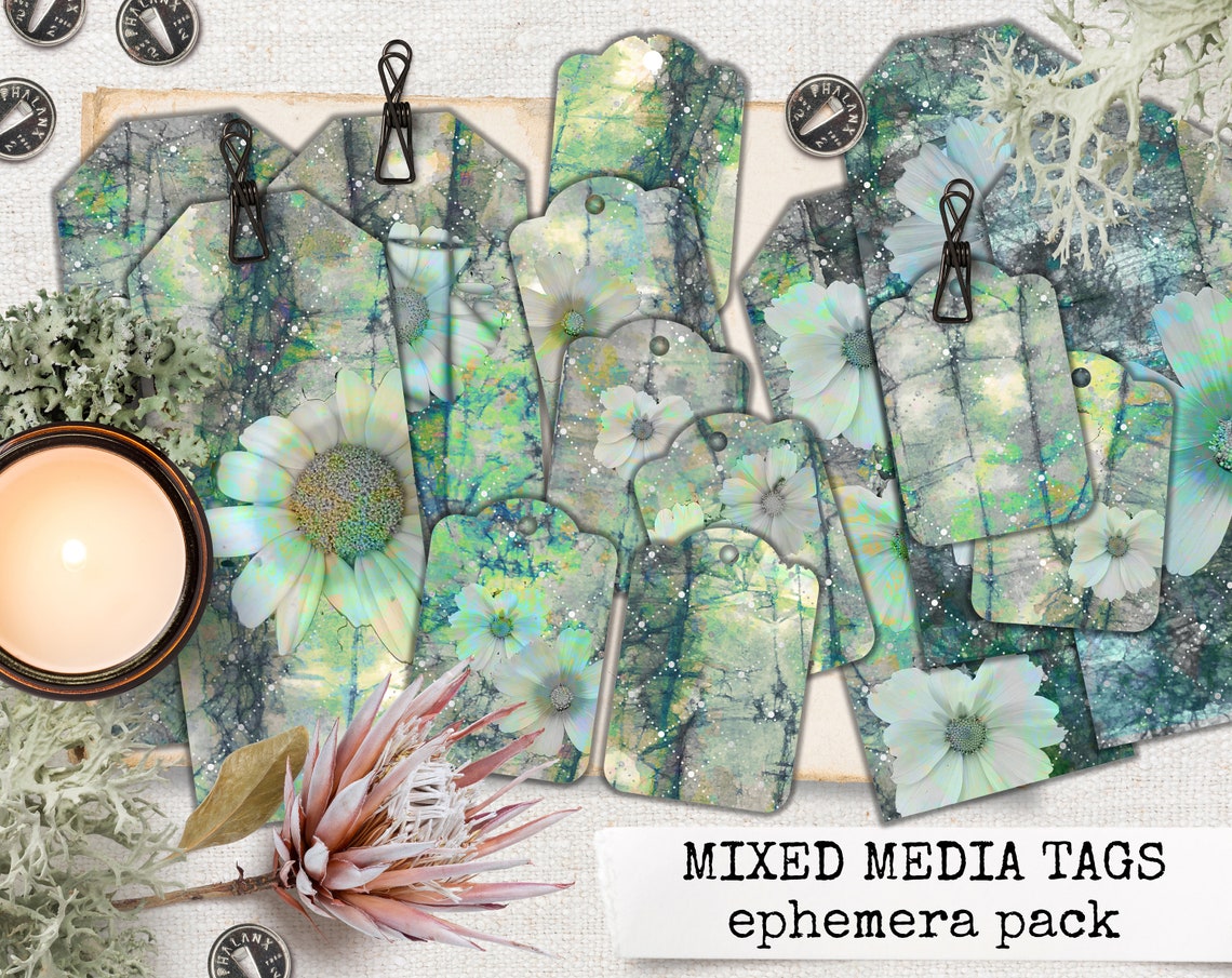 MIXED MEDIA Flower Tags Giant Tags Junk Journal Ephemera | Etsy
