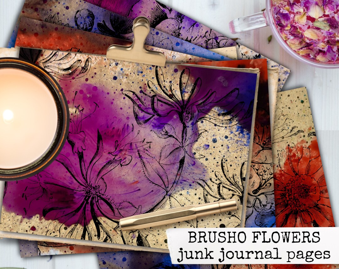 Digital Printable Junk Journal Paper Brusho Flowers, Instant Download ...