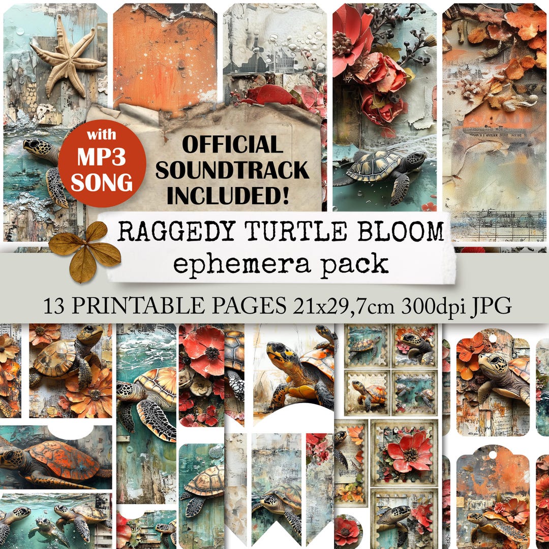 RAGGEDY TURTLE BLOOM Floral Junk Journal Ephemera, Printable Paper ...