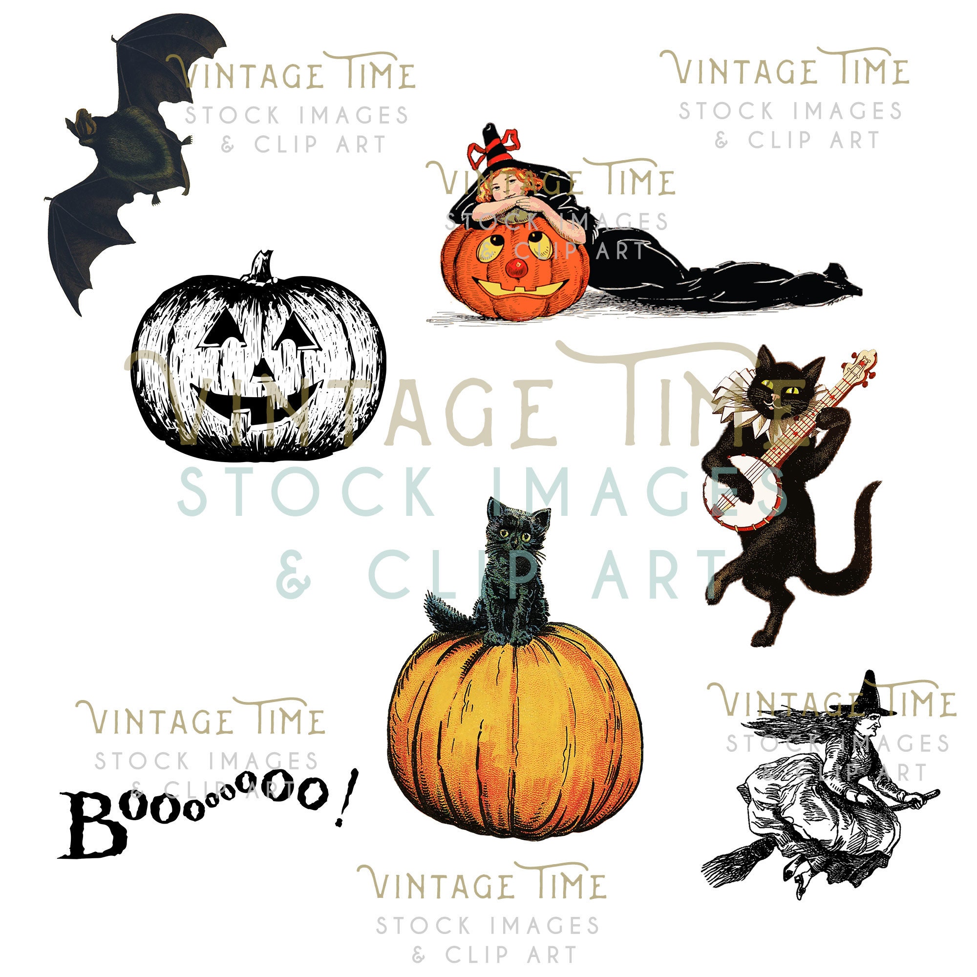 Vintage Halloween Clipart Witch, Pumpkins, Black Cat, Broomstick ...