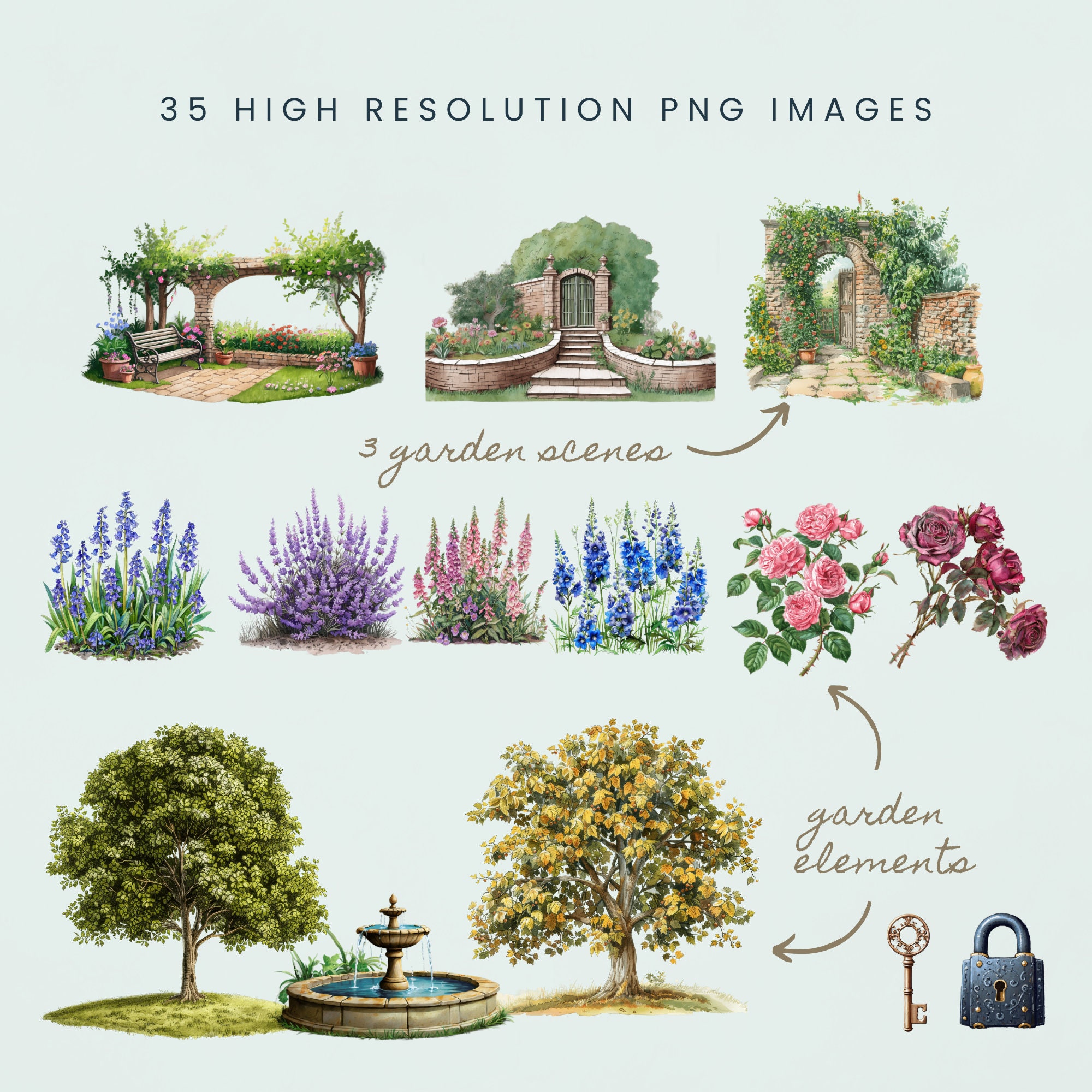 The Secret Garden Clipart | Floral Clip Art | Junk Journal | Watercolor ...