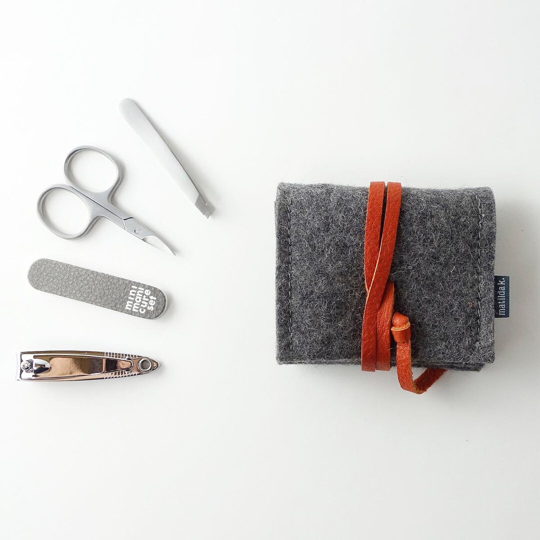 Mini Manicure Set 'jacob' Made of Dark Grey Wool Felt, Organic Leather ...