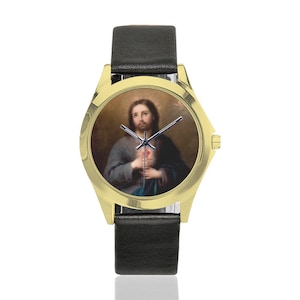 Wrist Watch - Sacred Heart of Jesus - Unisex Leather Watch - Religious ...