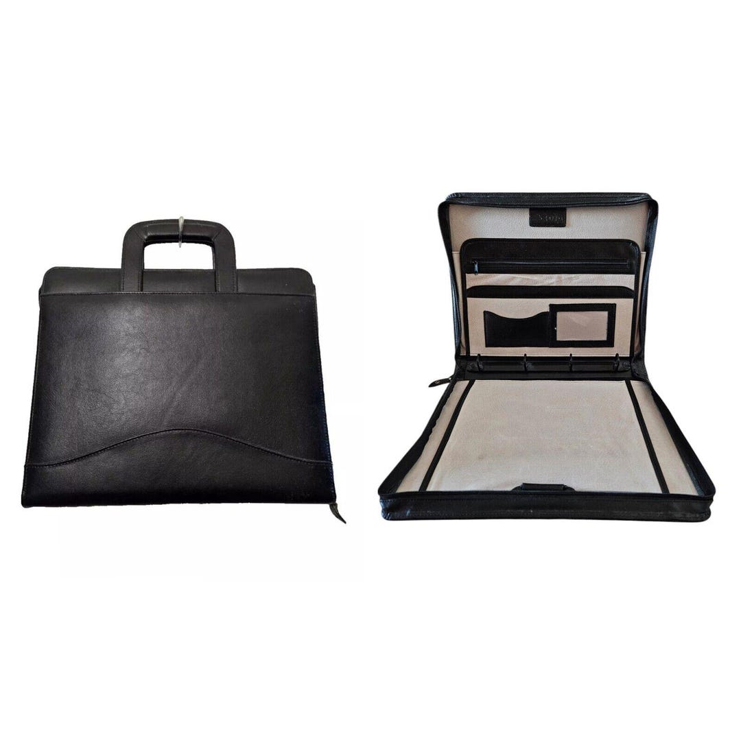 TULA Black Leather Briefcase Ring Binder Document Holder Office Work ...
