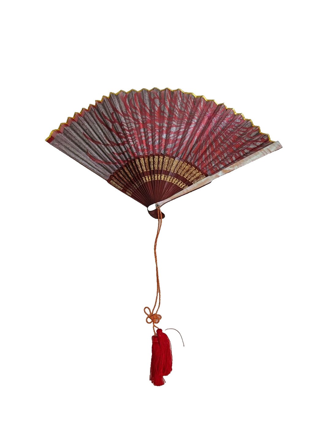 VINTAGE Burgundy Hand Fan With Mother of Pearl Guards Red Tassels Boxed ...