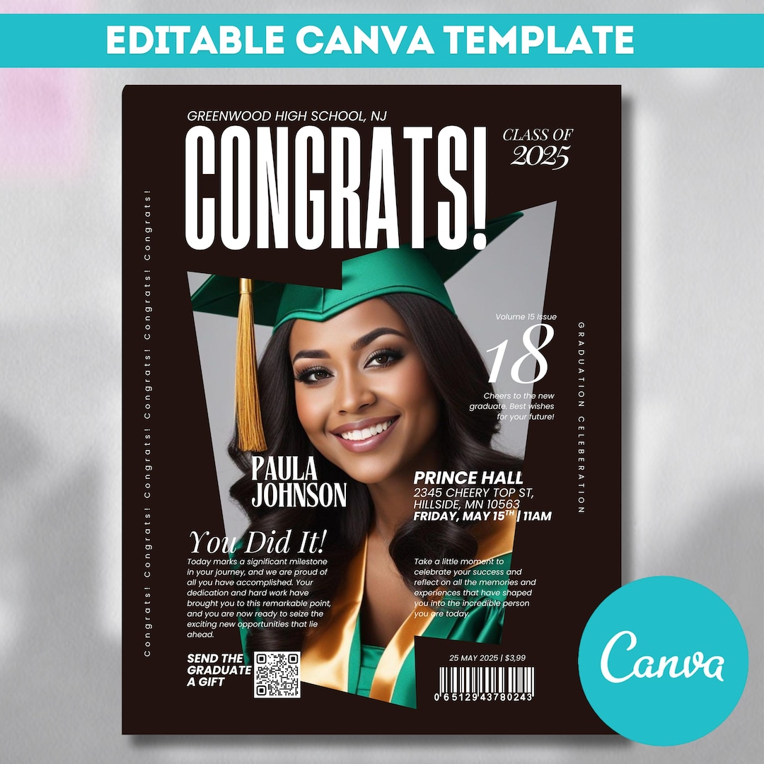 CANVA Graduation Invite Magazine Style, Green DIY Editable Flyer ...