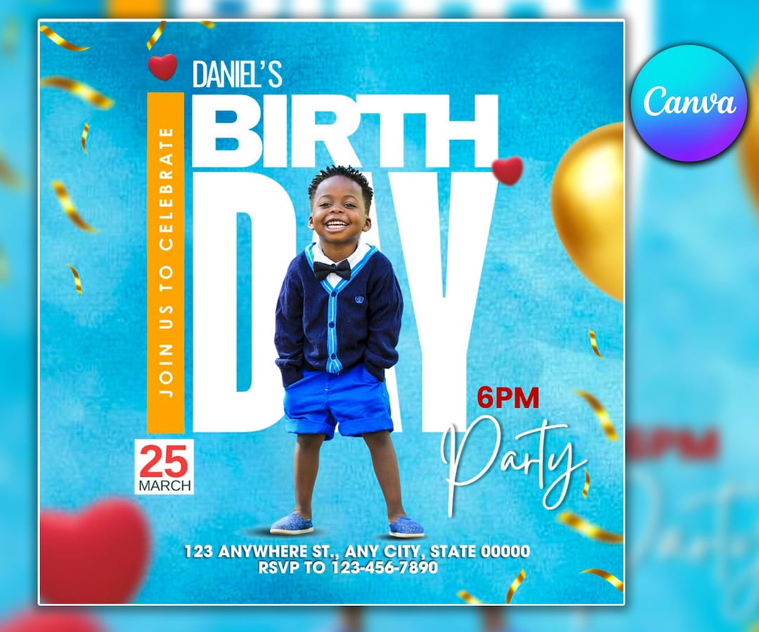 BLUE Editable Boy Birthday Invitation Template, Kids Birthday Party ...