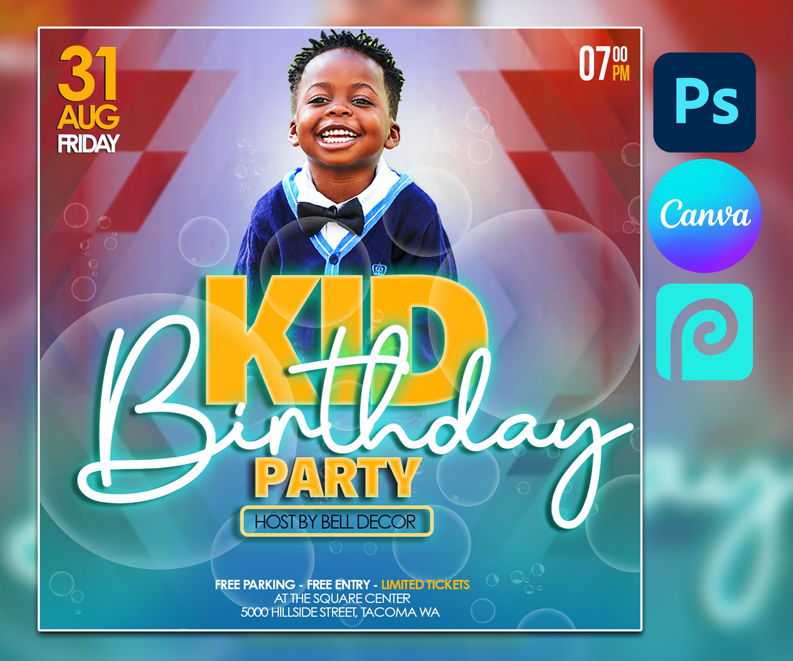 Boy Birthday Flyer Template for CANVA and PHOTOSHOP, Editable PSD ...