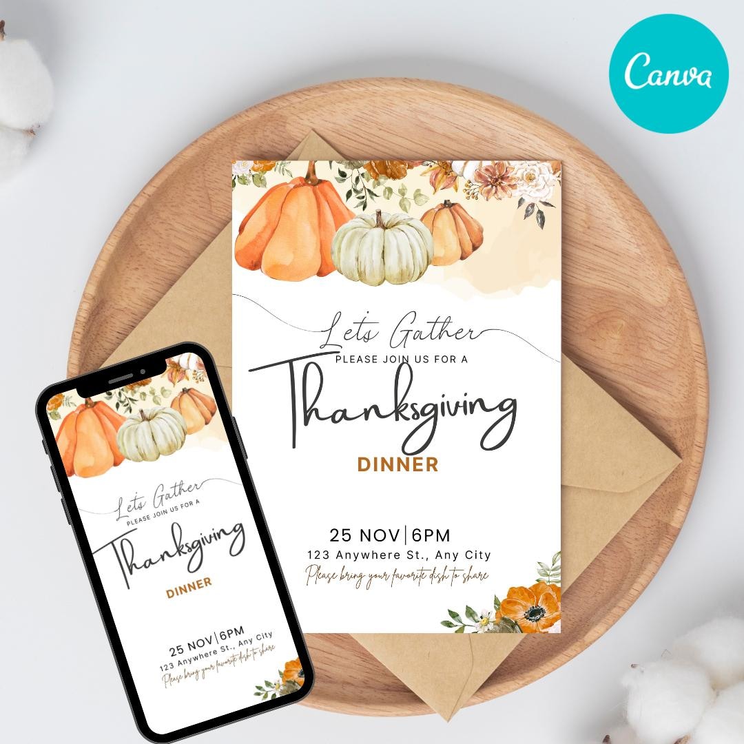 Editable Boho Thanksgiving Dinner Invitation, Let's Give Thanks Invite ...