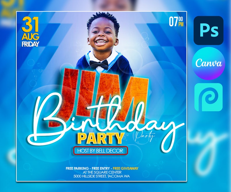 Canva Boy Birthday Flyer Template 10"x10", Editable PSD Template ...