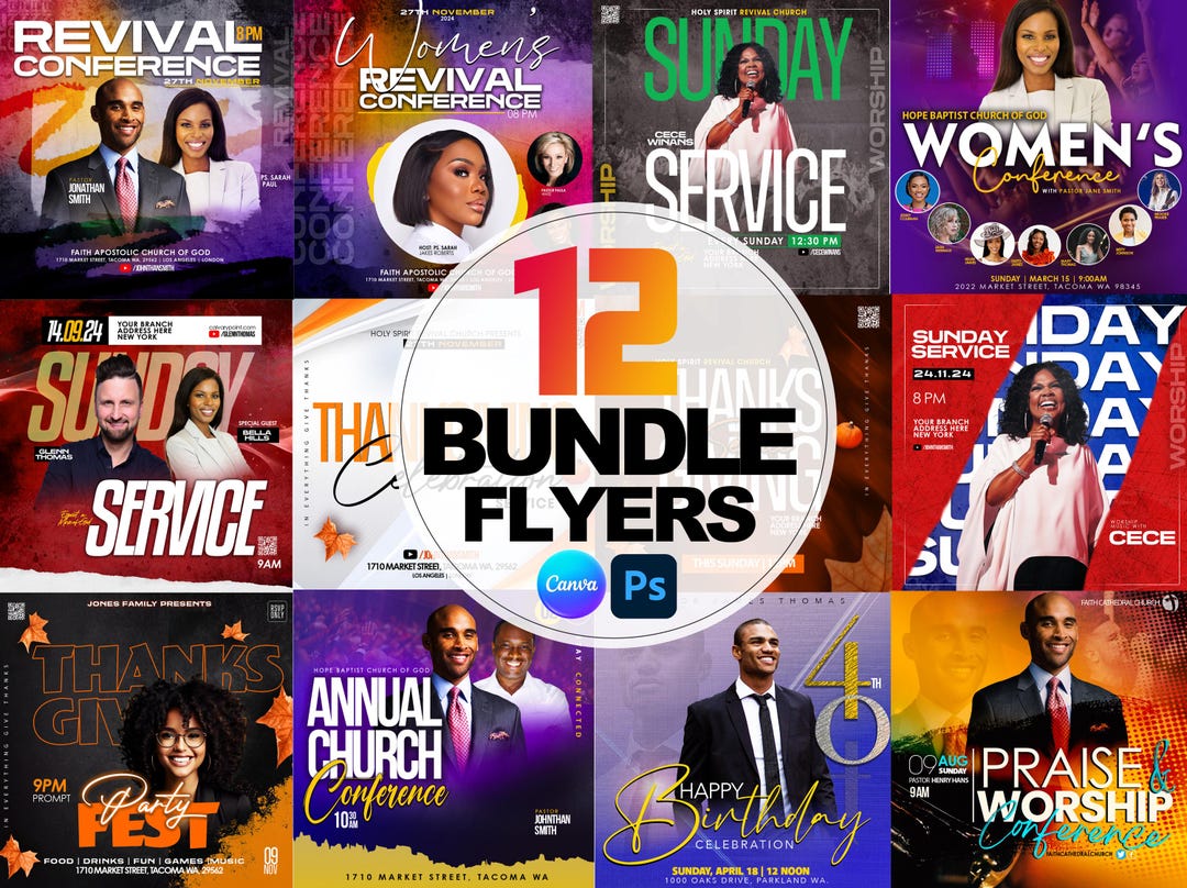 12 CHURCH Flyers Bundle CANVA, Template, Editable on Canva, Worship ...