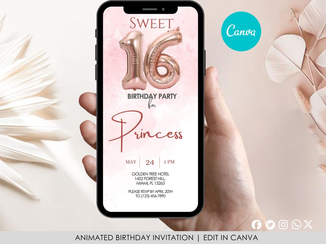 CANVA Digital Pink Sweet 16th Birthday Invitation Template, Electronic ...
