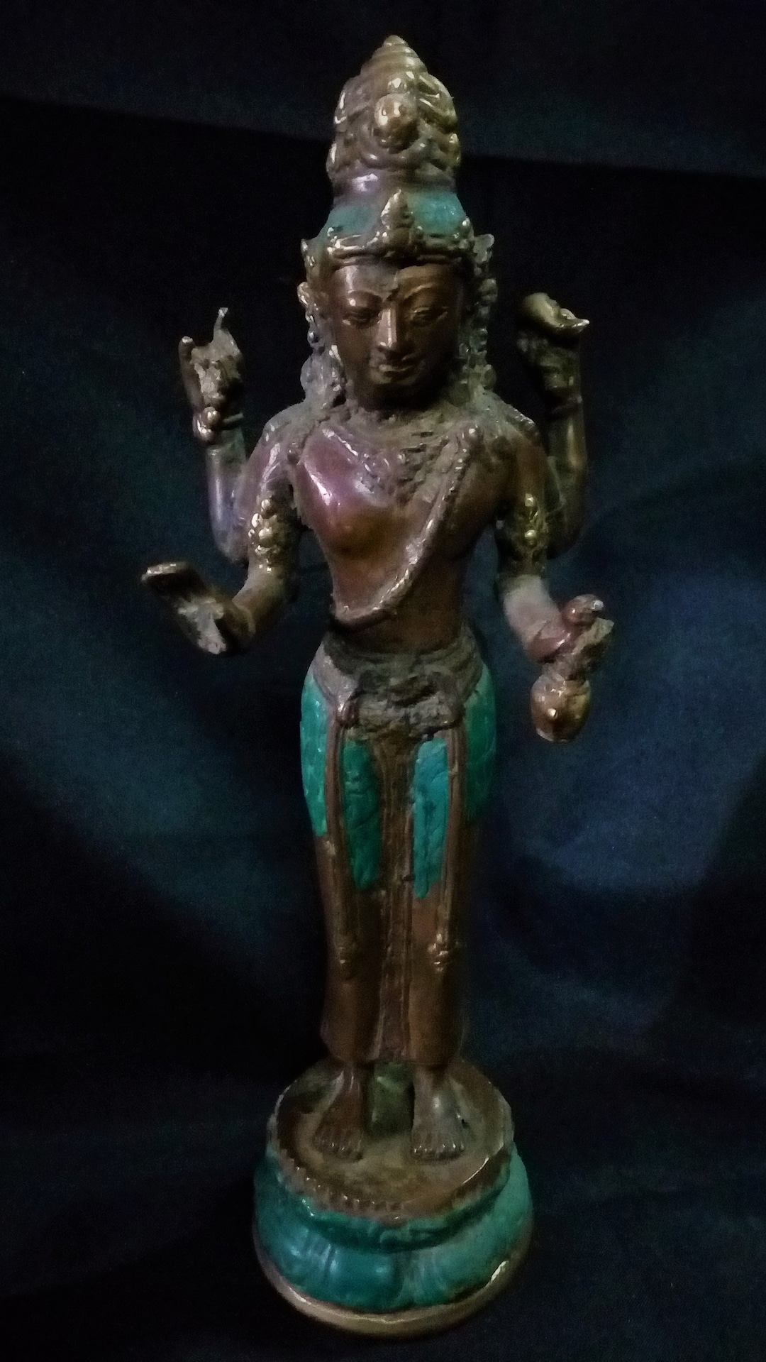 Devi Lakshmi Goddess 4 Hands 7.5" Bronze Brass Sculpture - Spiritual ...