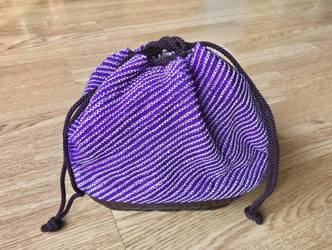 Vintage Japanese Bamboo Basket Bag/ Draw String Pouch/ Tie Dyed Kimono ...