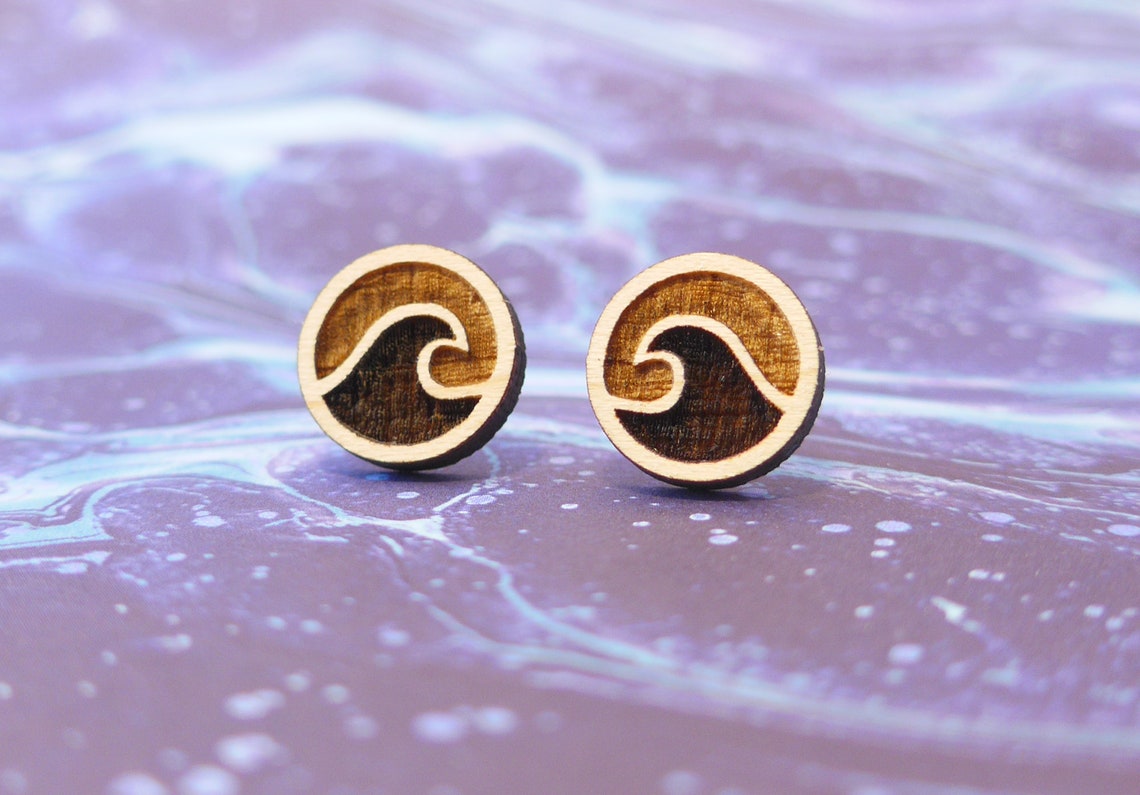 Surfer Studs. Wooden Wave Earrings. Sterling Silver. Gifts for | Etsy