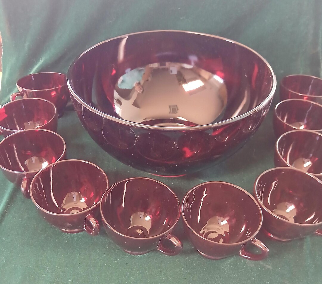 Vintage Ruby Red Punch Bowl Set #1821 - Etsy