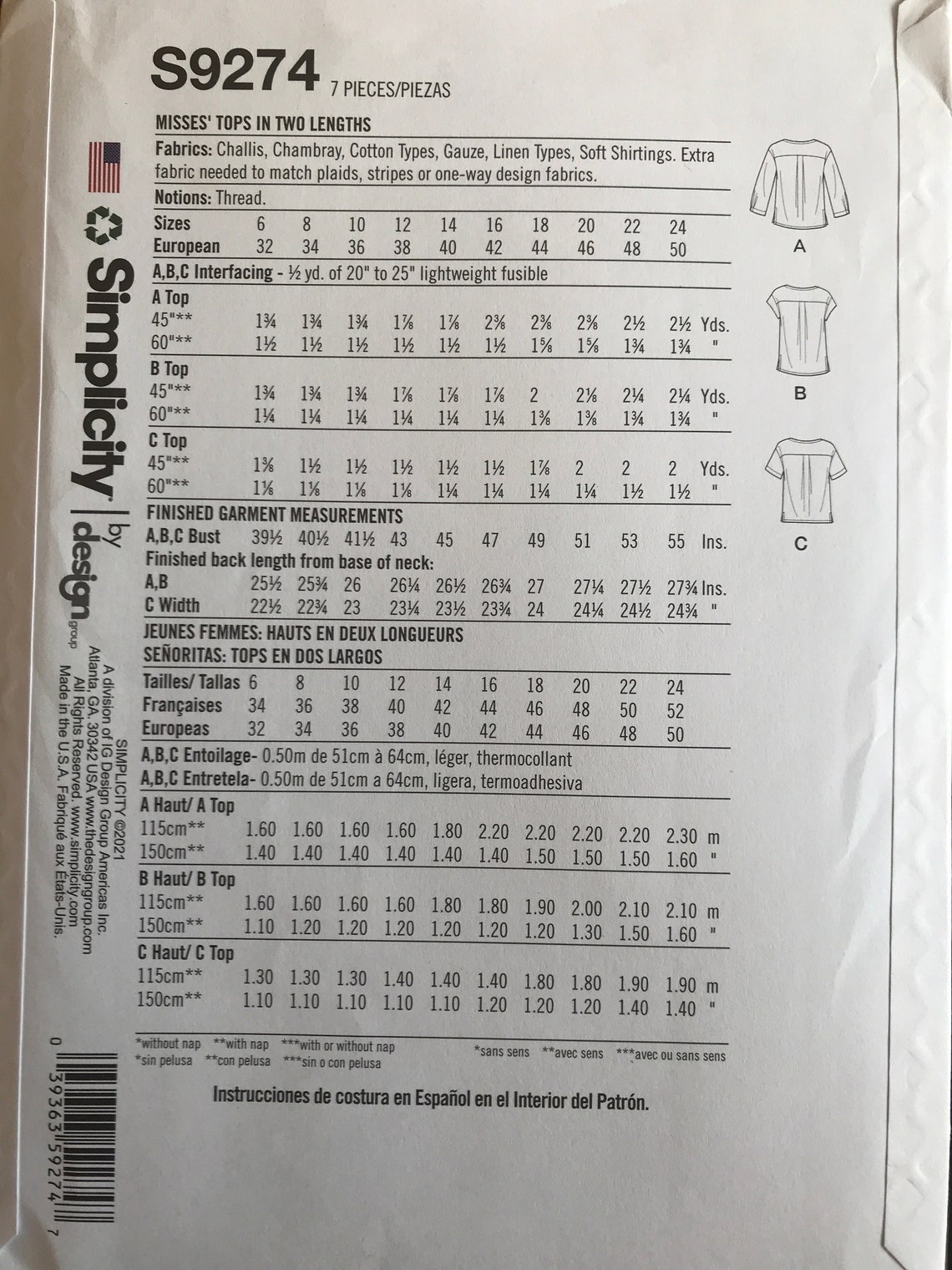 Simplicity 9274 Top Pattern UNCUT - Etsy