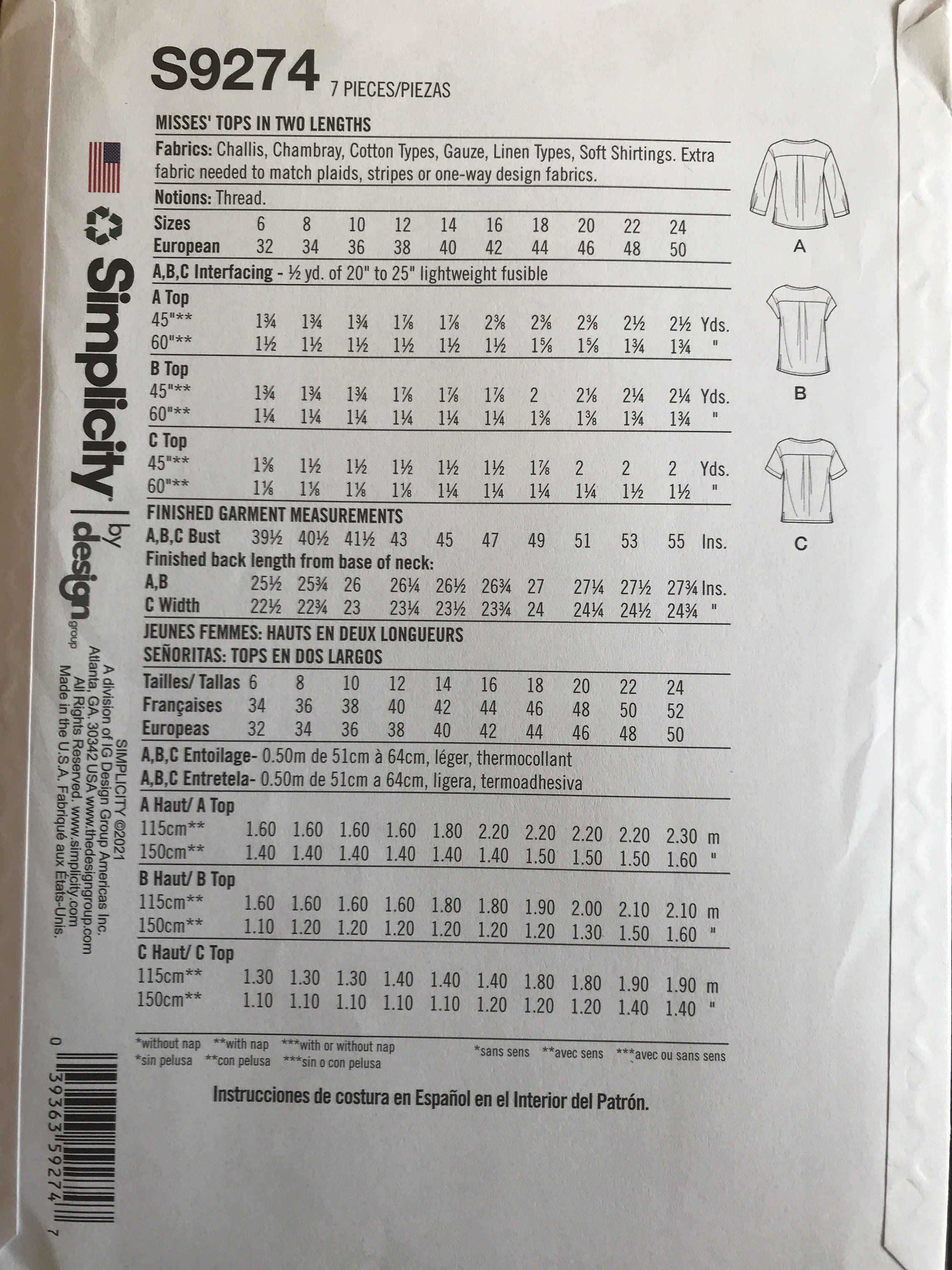 Simplicity 9274 Top Pattern UNCUT - Etsy