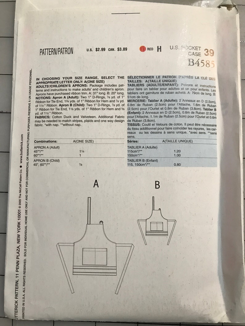 Butterick 4585 Mom and Me Apron Pattern UNCUT - Etsy