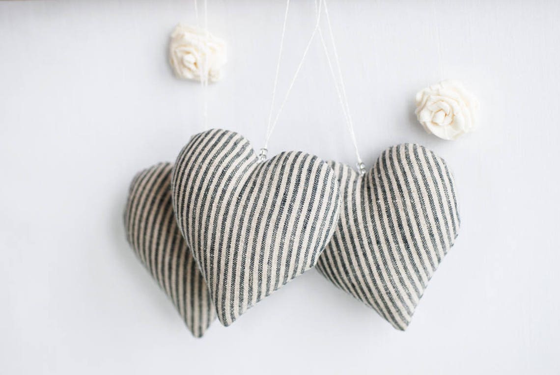 Stripe linen rustic linen heart decor wedding anniversary | Etsy