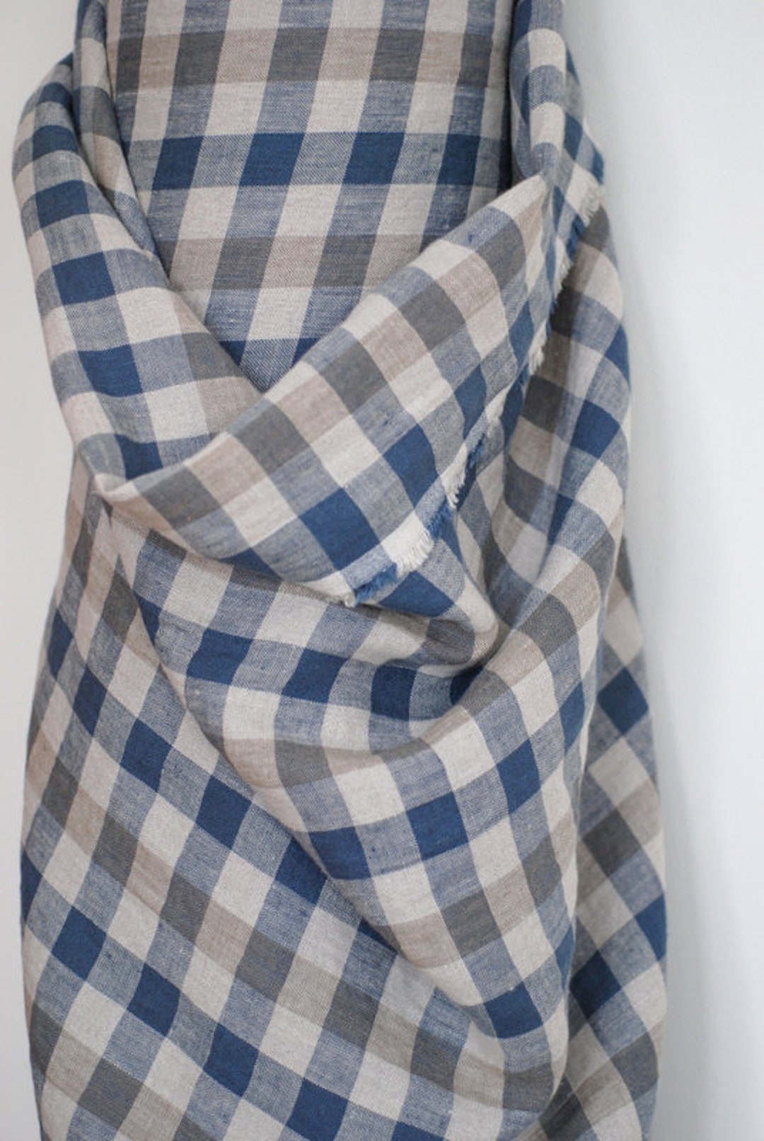 Blue Beige Check Linen Fabric: Stonewashed Flax for Sewing - Etsy