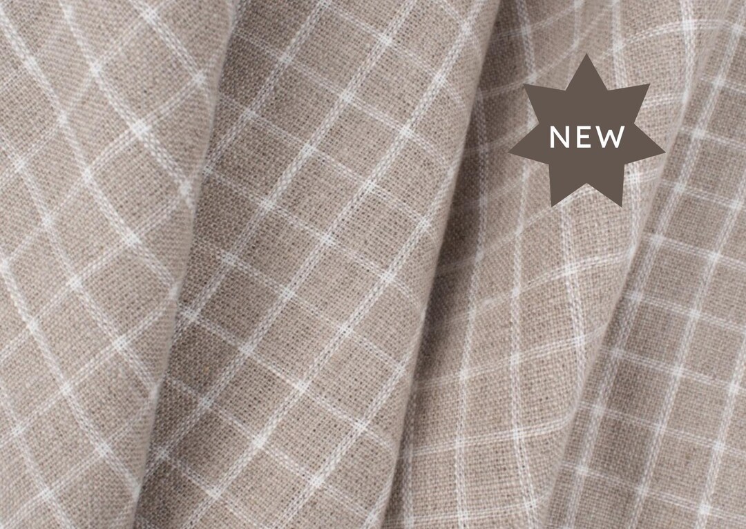 Natural Linen Check Fabric by the Meter – White Windowpane Grid, ~150 ...